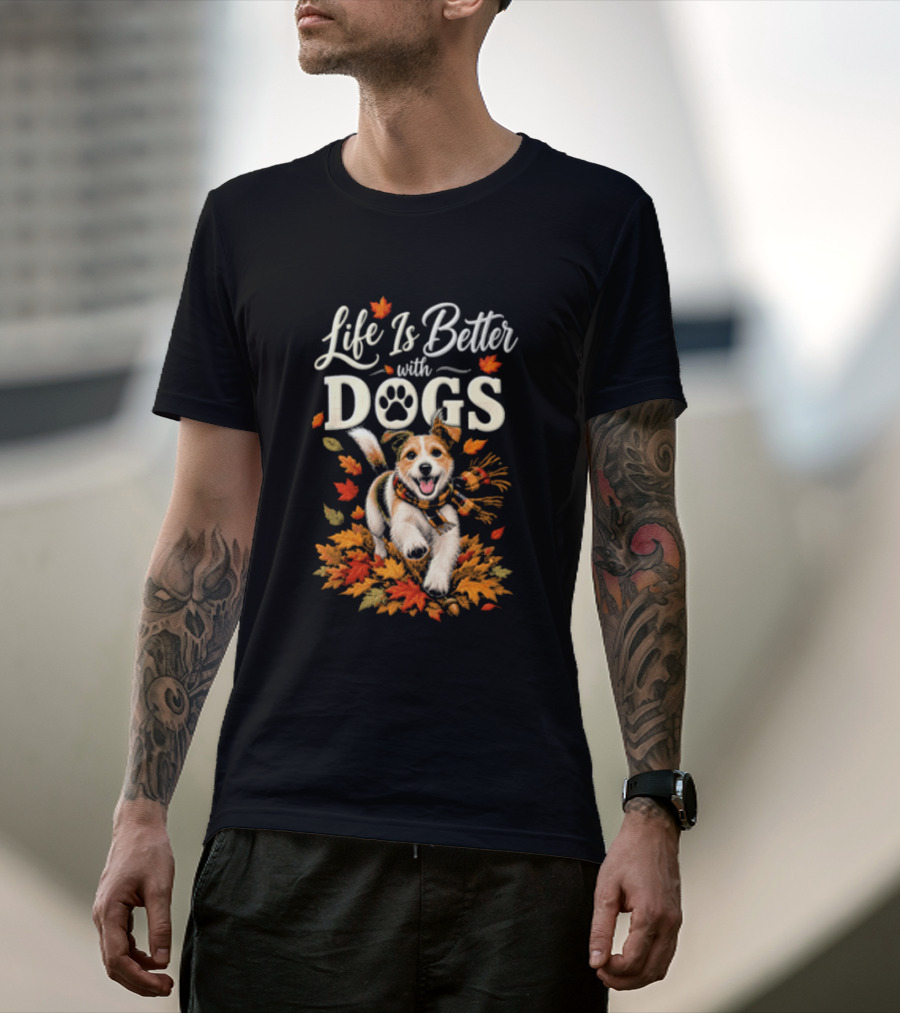 Life Is Better With Dogs Autumn Leaves Dog Paw T-Shirt
