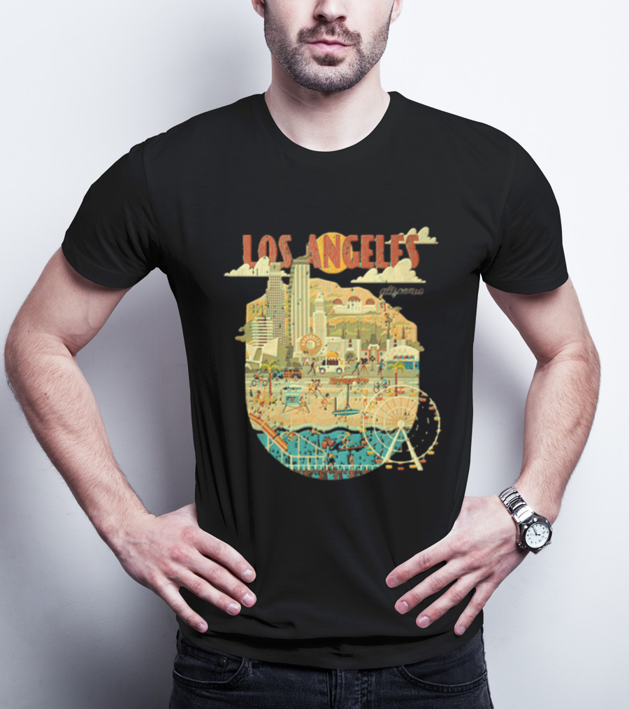 Los Angeles California Skyline Ferris Wheel And Beach Scene T-Shirt