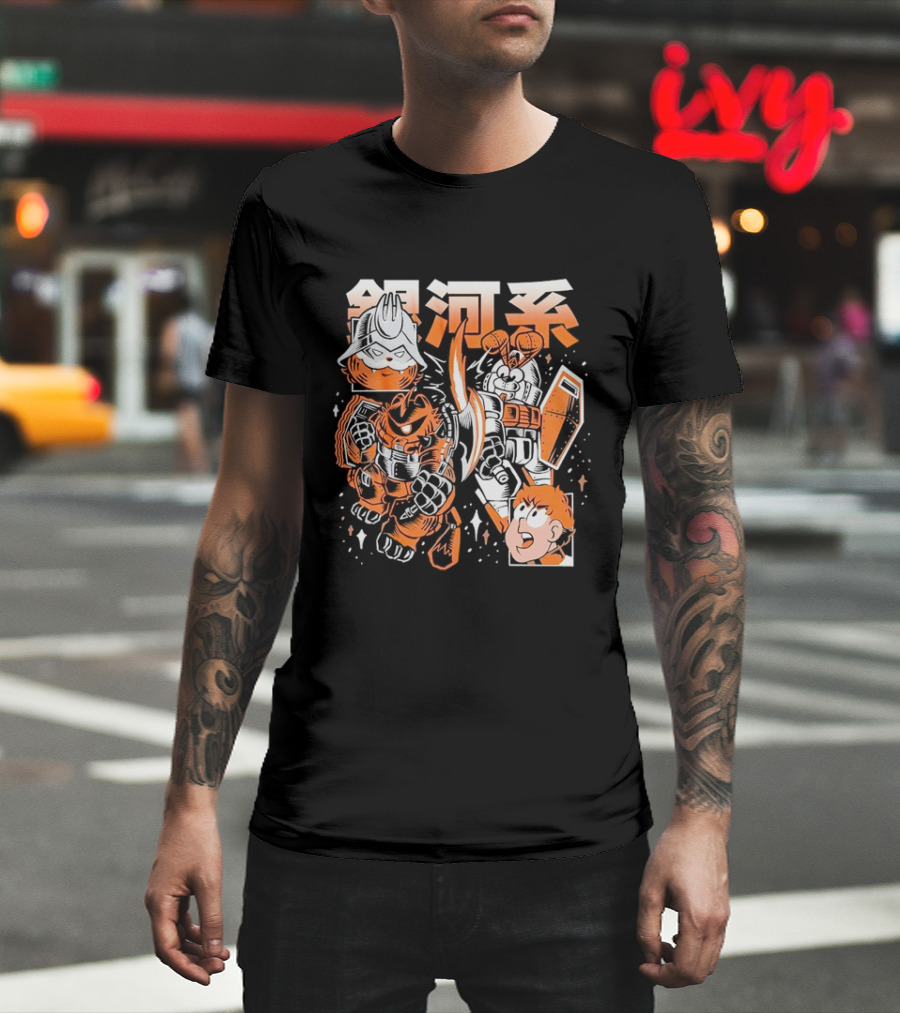 Mecha Galaxy Warrior Gundam Anime Kanji Robot Battle Scene T-Shirt