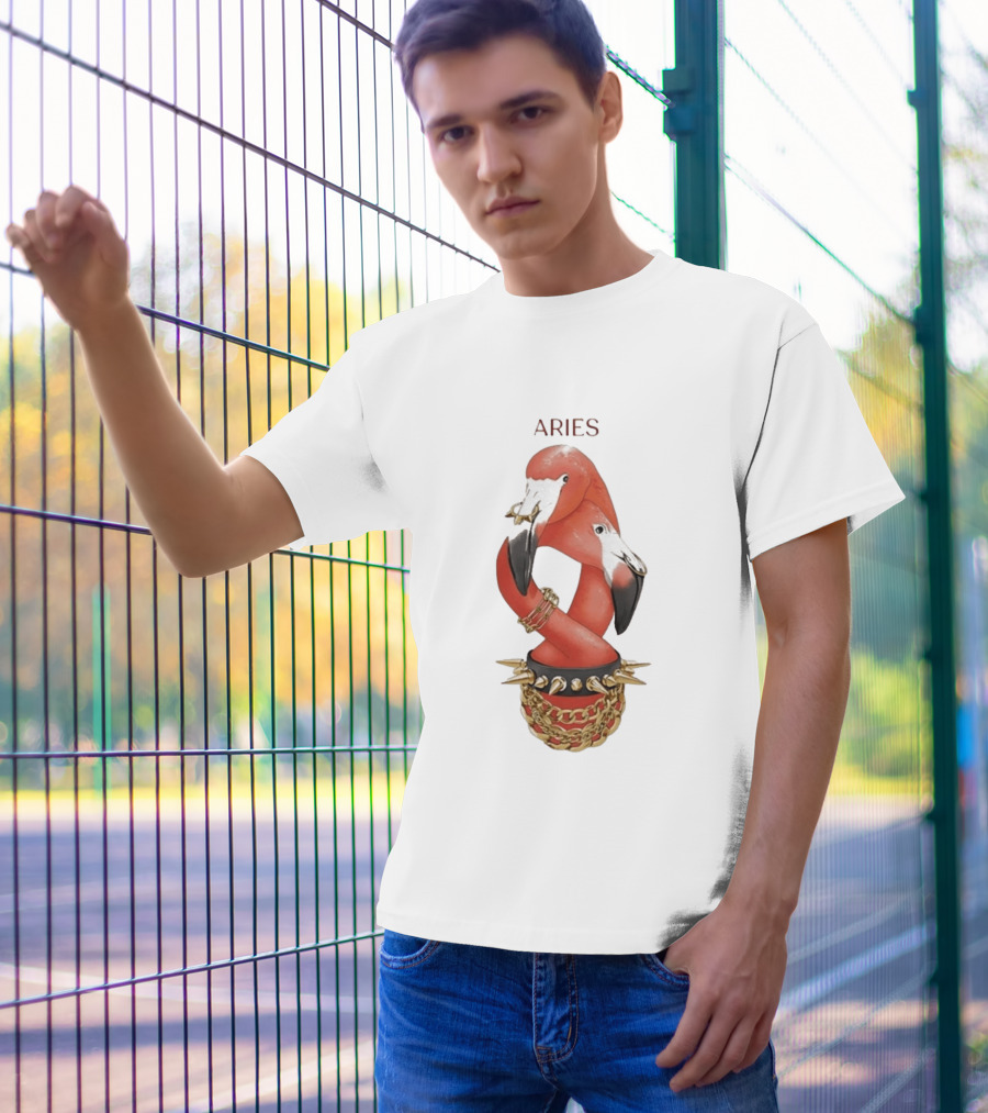 Aries Flamingo Punk Rock Zodiac Sign Astrology Bracelet Spikes T-Shirt