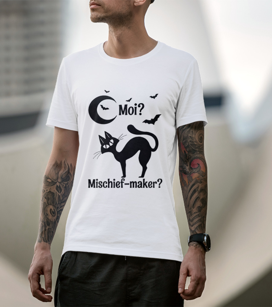 Moi Mischief Maker Black Cat Halloween Moon Bats T-Shirt