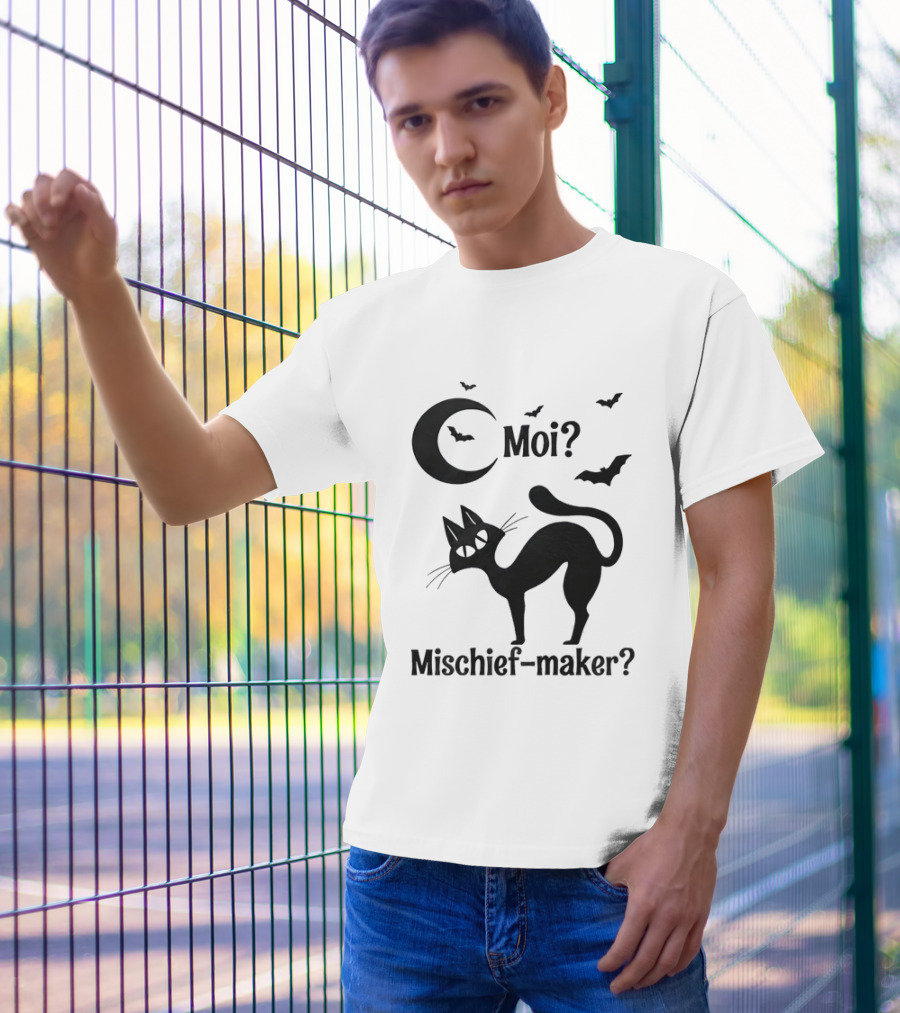 Moi Mischief Maker Black Cat Halloween Moon Bats T-Shirt