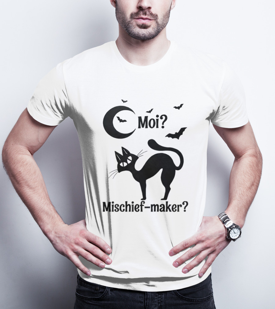 Moi Mischief Maker Black Cat Halloween Moon Bats T-Shirt