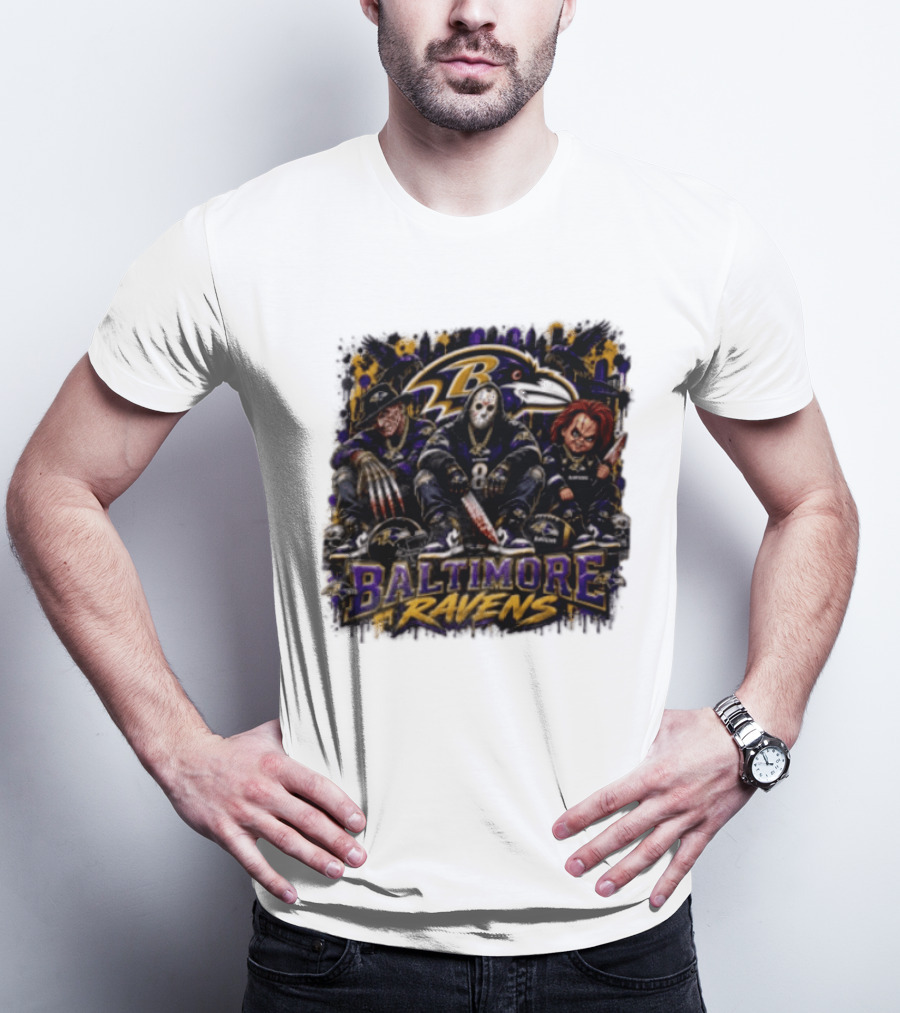Freddy Krueger Jason Voorhees Chucky Baltimore Ravens Halloween Horror T-Shirt