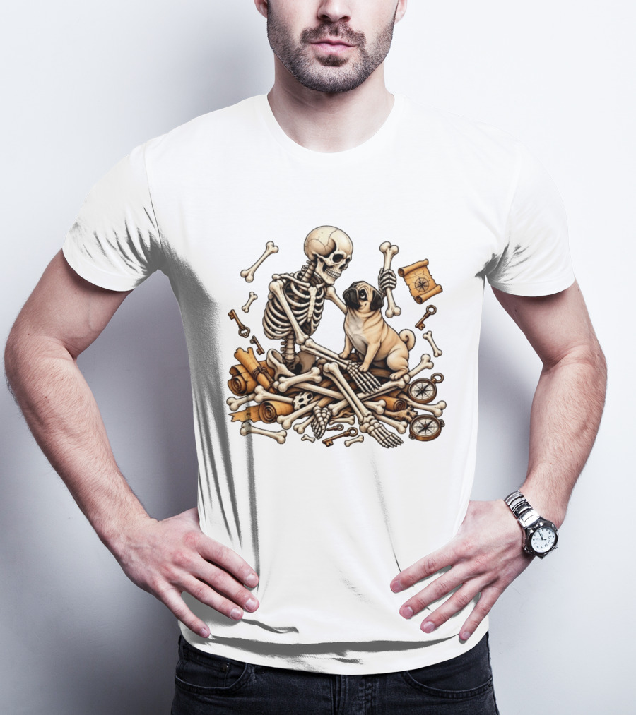 Skeleton Holding Bone With Pug Surrounded By Compass Keys And Treasure Maps T-Shirt