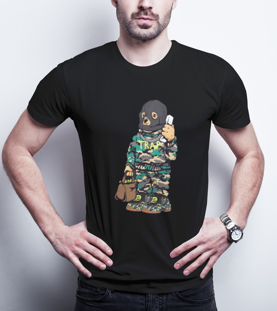 Bear Balaclava Camouflage Trap Outfit With Phone And Bag T-Shirt