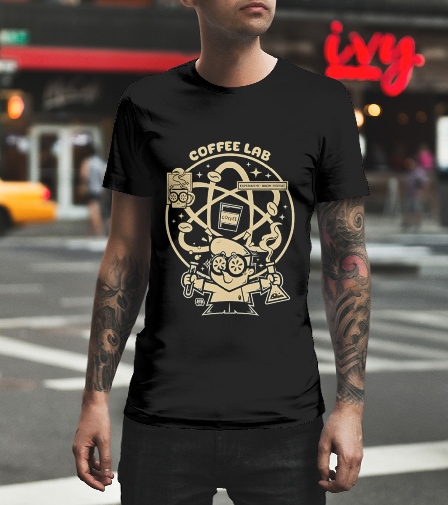 Coffee Lab Experiment Brew Repeat Dexter Scientist Atomic Coffee Cartoons T-Shirt