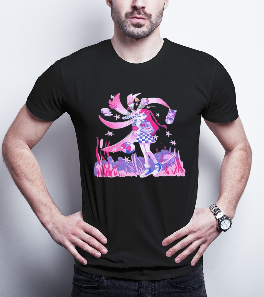 Anime Girl Space Ramen Checkered Skirt Pink Cosmic Stars T-Shirt