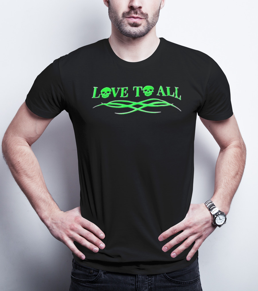 Love TO ALL Green Skulls Tribal Line Vibrant Neon Aesthetic T-Shirt