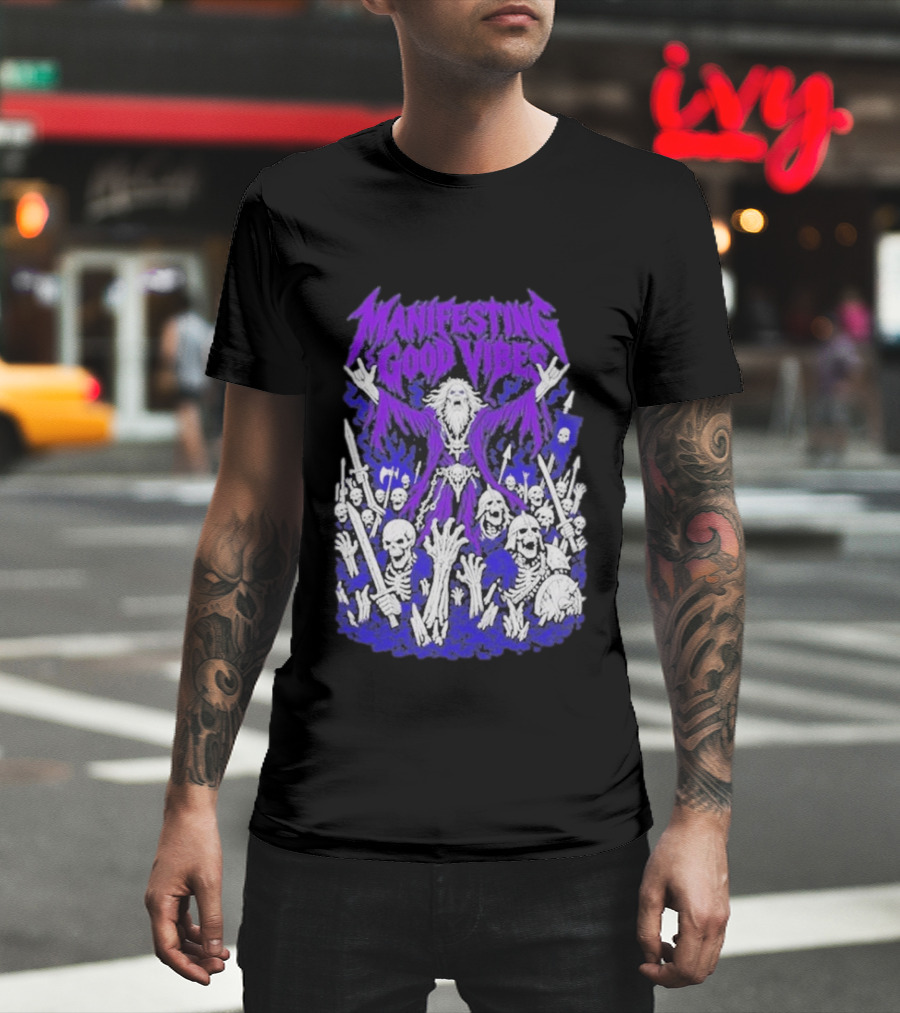 Manifesting Good Vibes Necromancer Skeleton Wizard T-Shirt