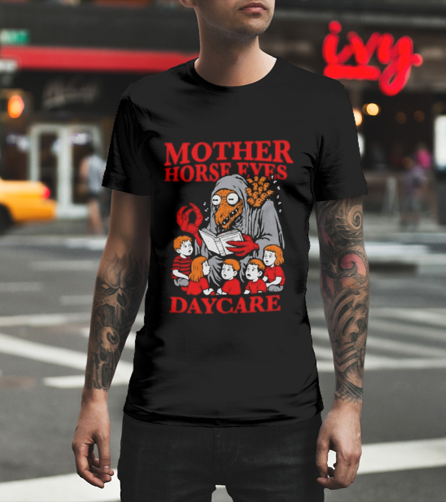 Mother Horse Eyes Daycare Creepy Creature Reading To Children T-Shirt