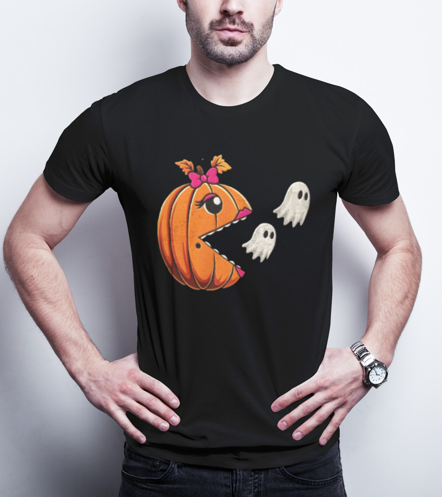 Ms Pac Man Pumpkin Shape Halloween Ghosts T-Shirt