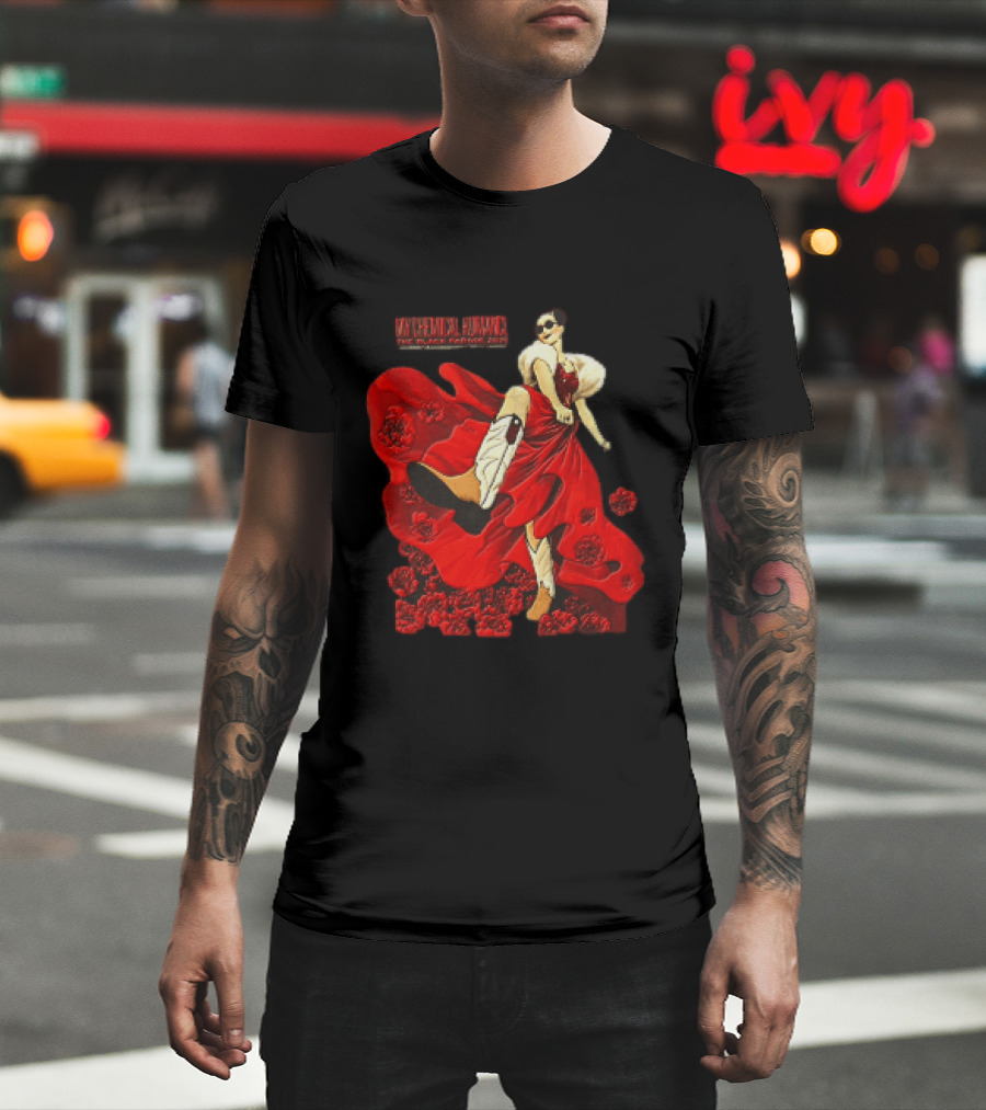 My Chemical Romance The Black Parade Tour 2025 Woman Red Dress Cowboy Boots Flowers T-Shirt