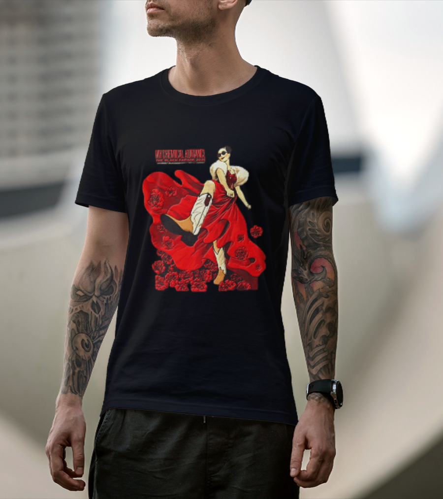 My Chemical Romance The Black Parade Tour 2025 Woman Red Dress Cowboy Boots Flowers T-Shirt