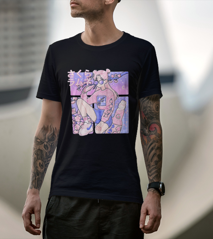 Anime Girl Drinking Pink Soda Sakura Blossoms Pastel Aesthetic T-Shirt