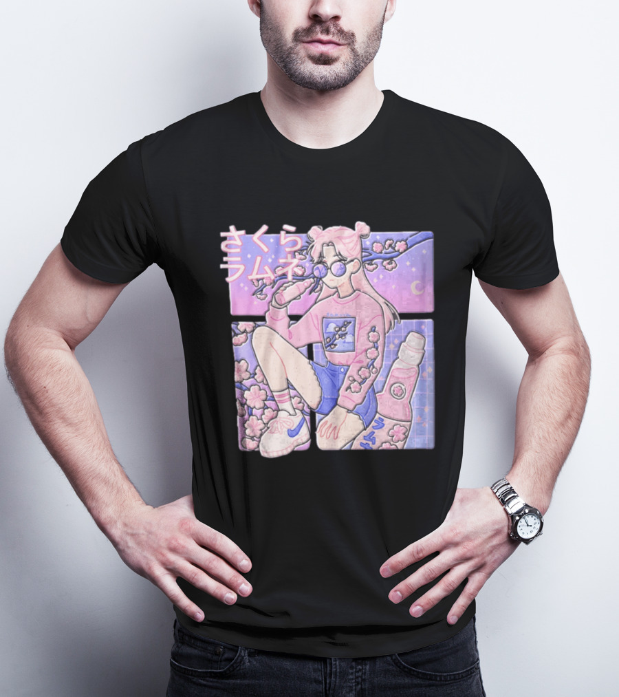 Anime Girl Drinking Pink Soda Sakura Blossoms Pastel Aesthetic T-Shirt