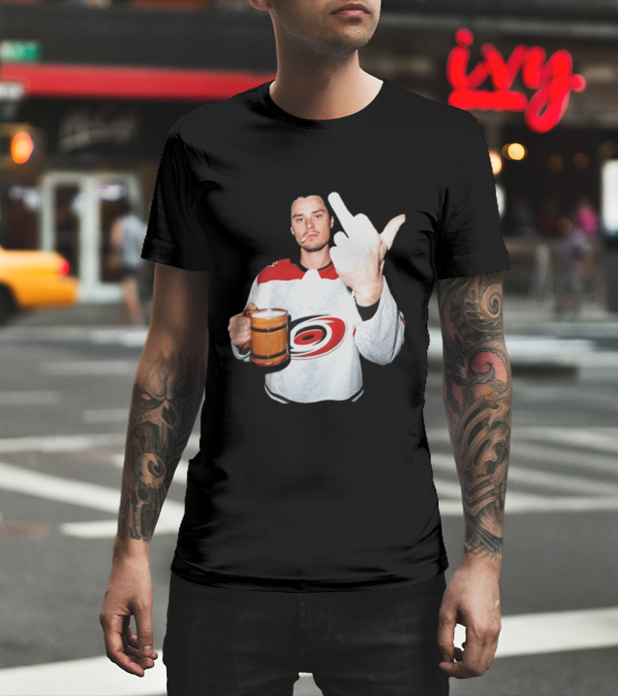 Sebastian Aho Carolina Hurricanes Wooden Beer Middle Finger Gesture T-Shirt