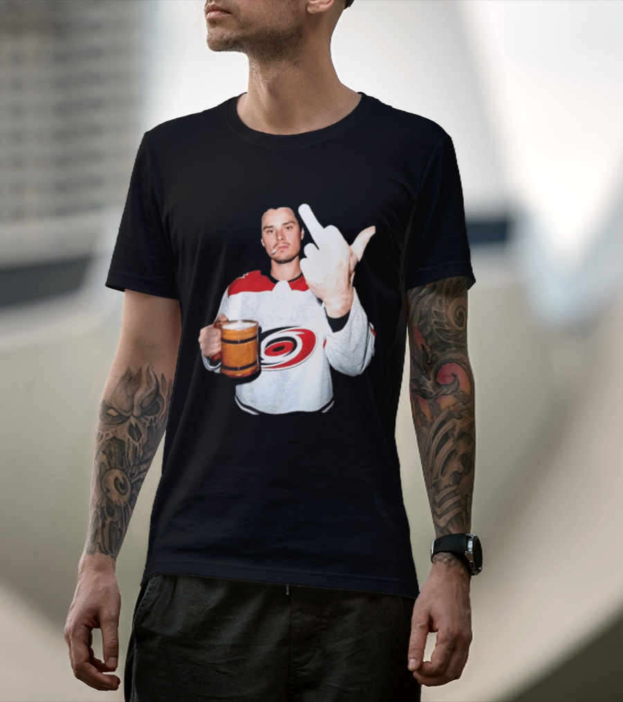 Sebastian Aho Carolina Hurricanes Wooden Beer Middle Finger Gesture T-Shirt