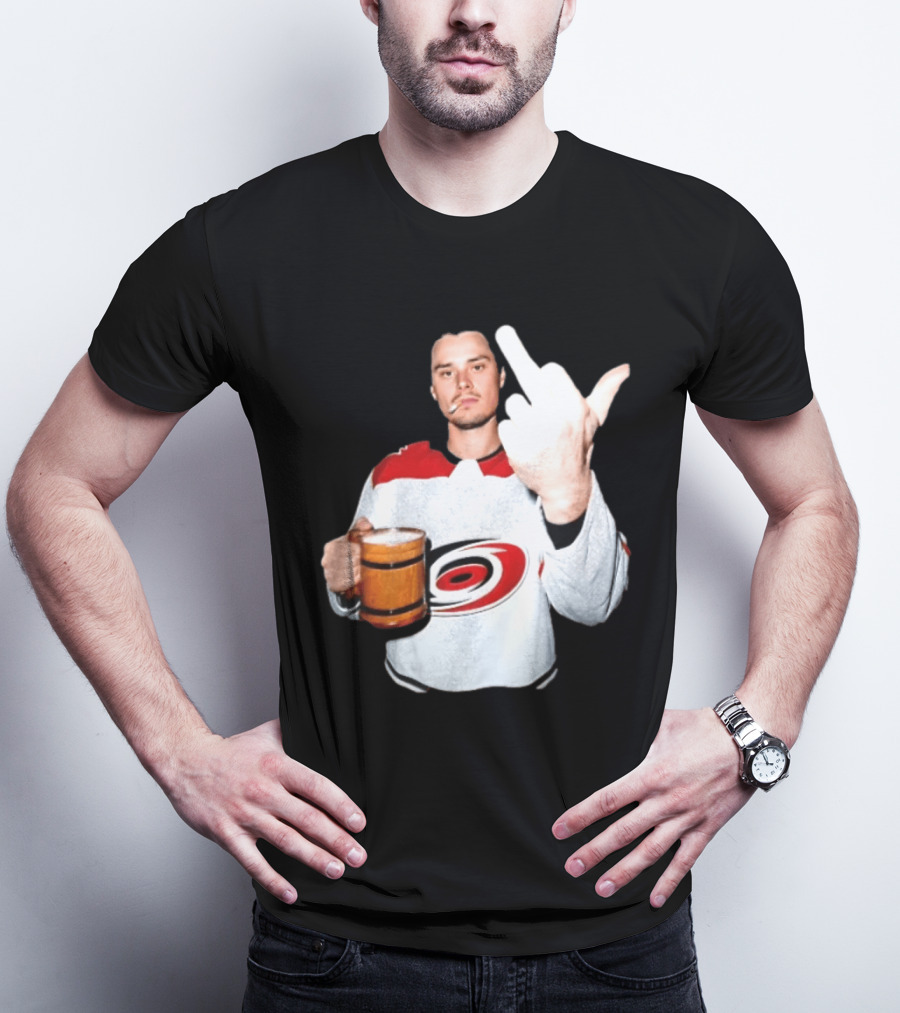 Sebastian Aho Carolina Hurricanes Wooden Beer Middle Finger Gesture T-Shirt