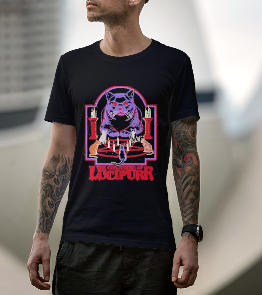 The Conjuring Of Lucipurr Cat Candle Pentagram Ritual T-Shirt