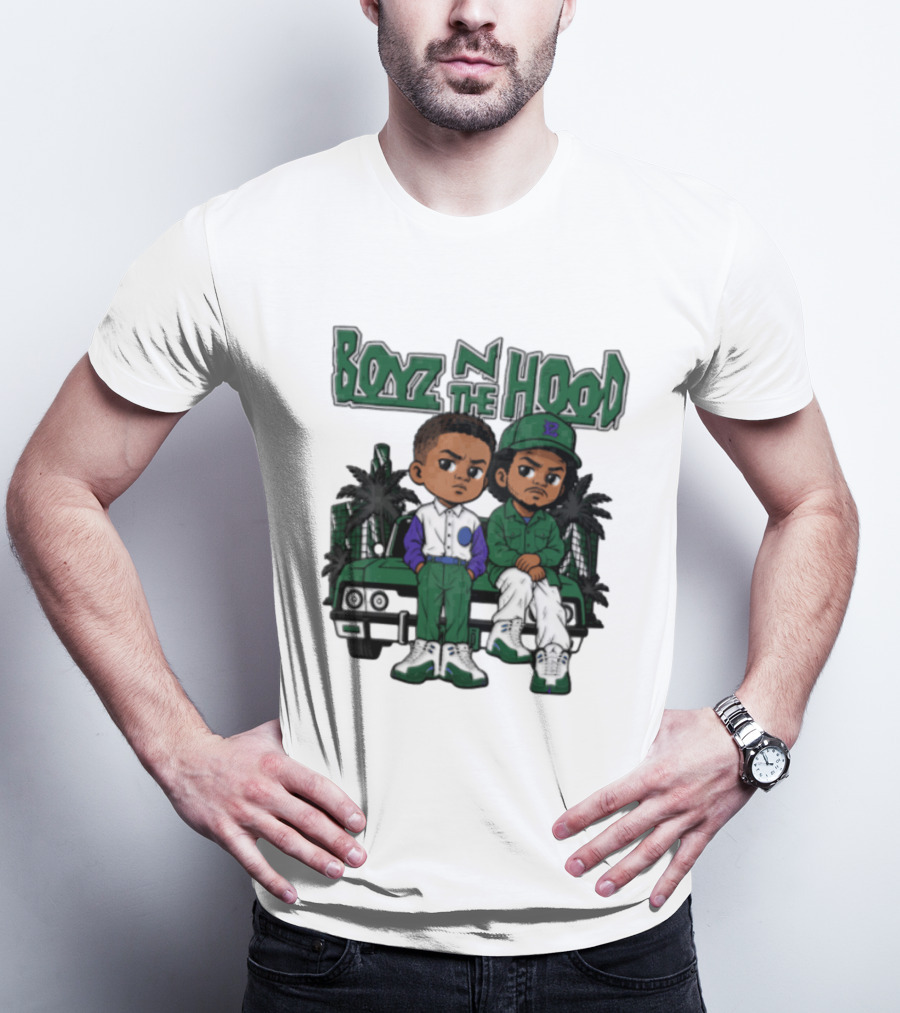 Boyz N The Hood Cartoon Boys Green Car Palm Trees T-Shirt