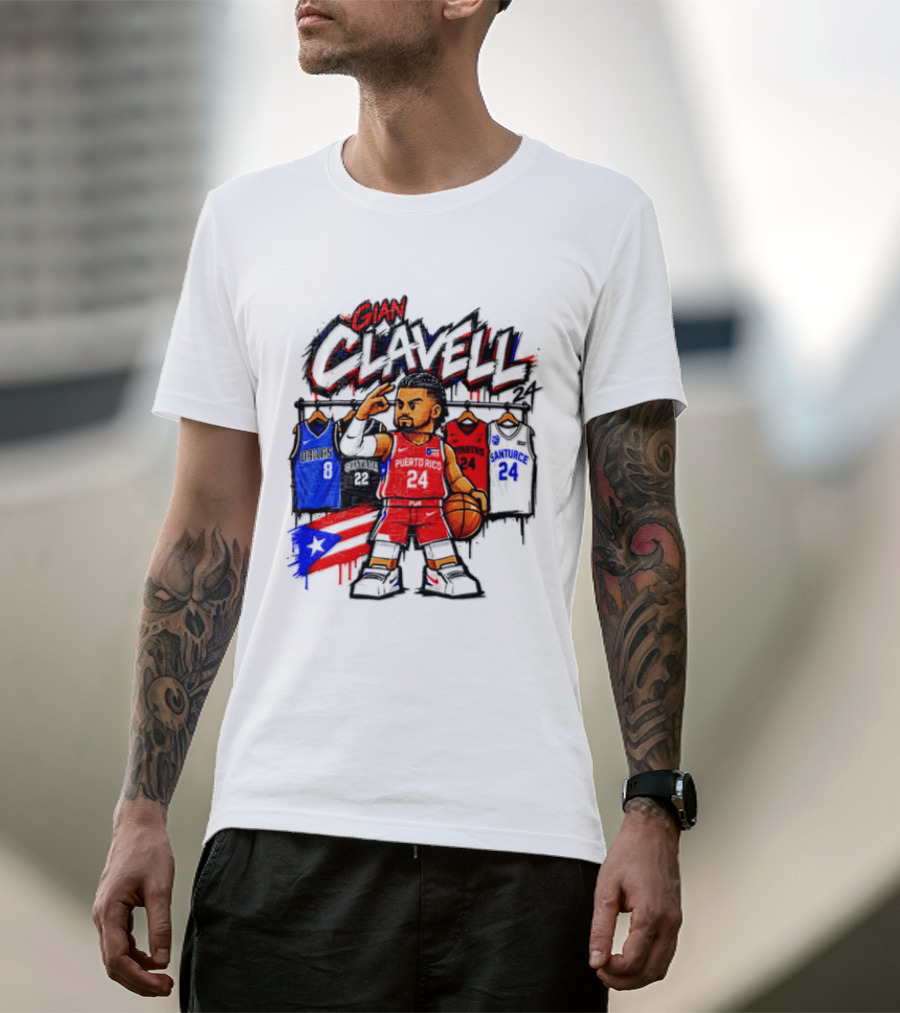 Gian Clavell Puerto Rico Basketball Cartoon With Jersey Collection And Flag T-Shirt