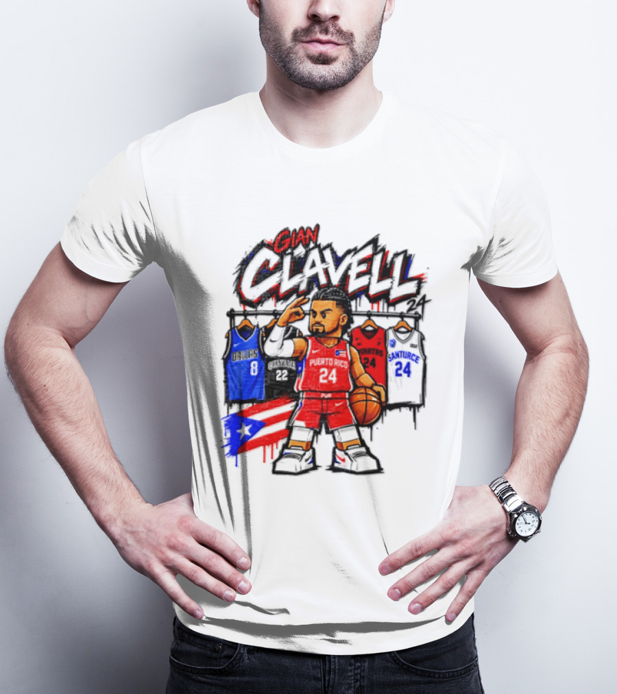 Gian Clavell Puerto Rico Basketball Cartoon With Jersey Collection And Flag T-Shirt