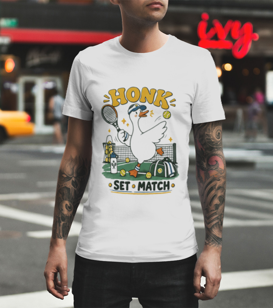 Honk Set Match Duck Playing Tennis Cartoon T-Shirt