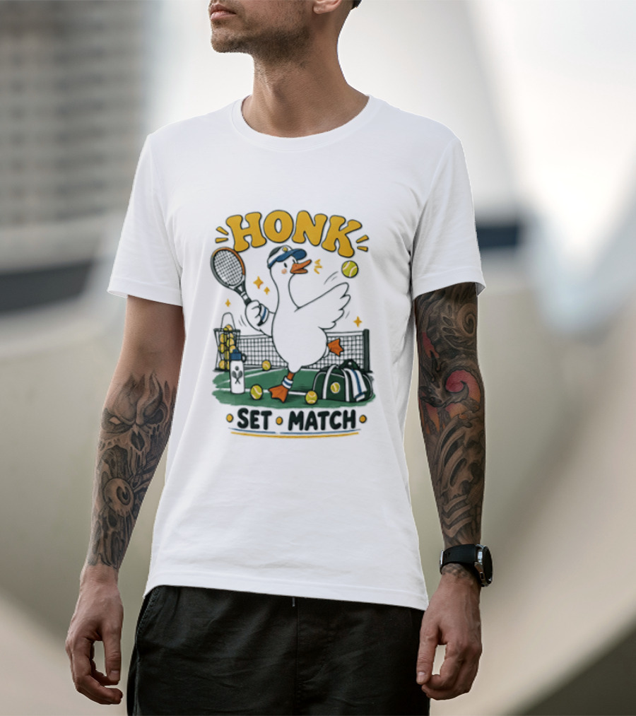 Honk Set Match Duck Playing Tennis Cartoon T-Shirt