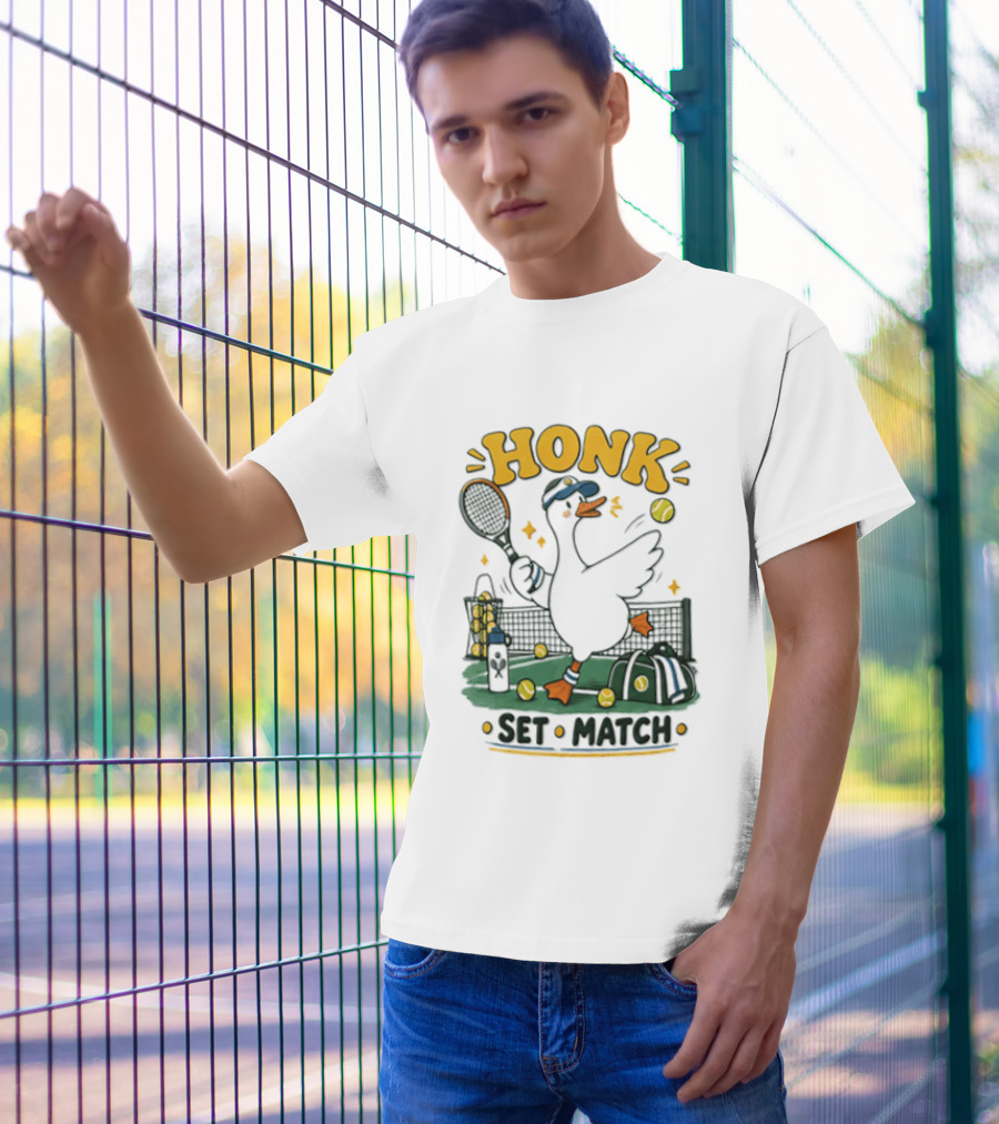 Honk Set Match Duck Playing Tennis Cartoon T-Shirt