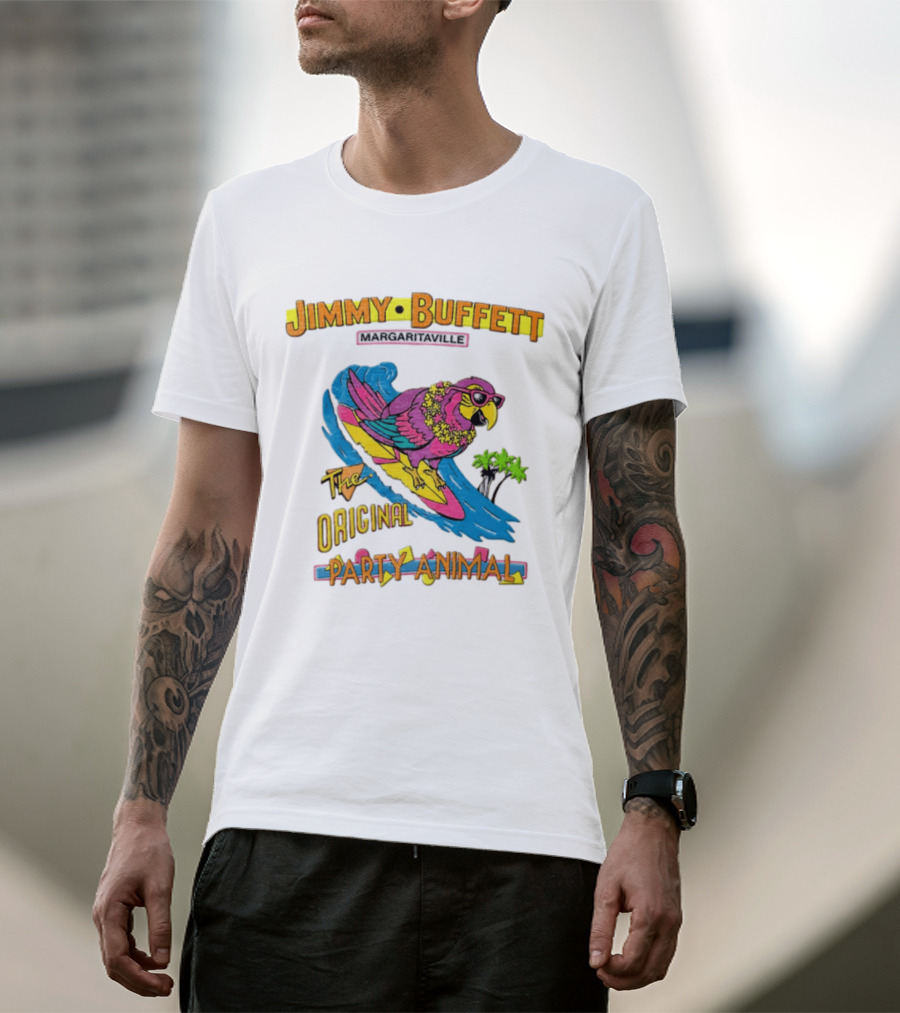 Jimmy Buffett Margaritaville Original Party Animal Parrot Surfing Wave T-Shirt