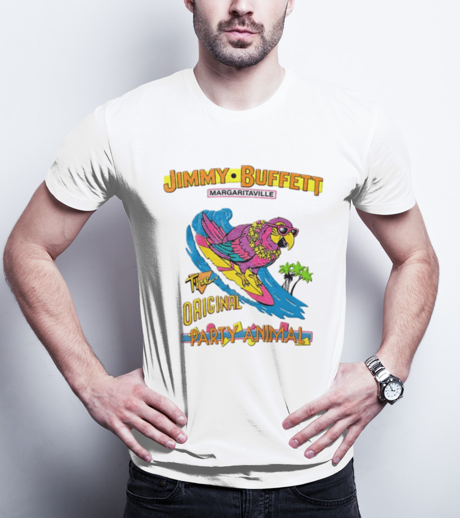 Jimmy Buffett Margaritaville Original Party Animal Parrot Surfing Wave T-Shirt
