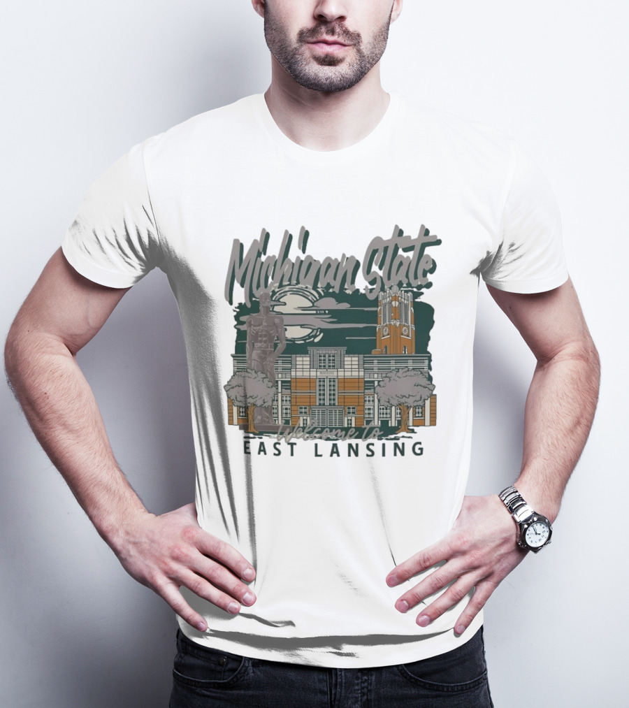 Michigan State University Welcome To East Lansing Scenic Campus Architecture And Famous Spartan Statue T-Shirt