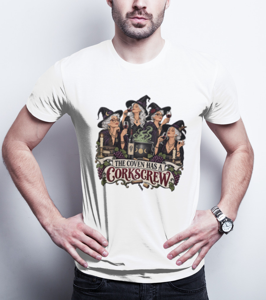 The Coven Has A Corkscrew Four Witches Drinking Wine Cauldron Grapes Candles T-Shirt