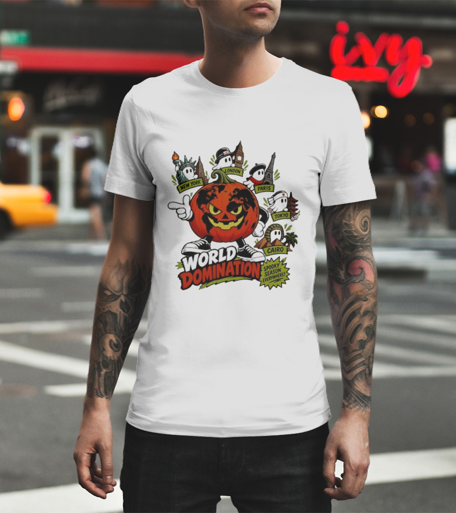 World Domination Pumpkin Spooky Season Everywhere New York London Paris Tokyo Cairo T-Shirt