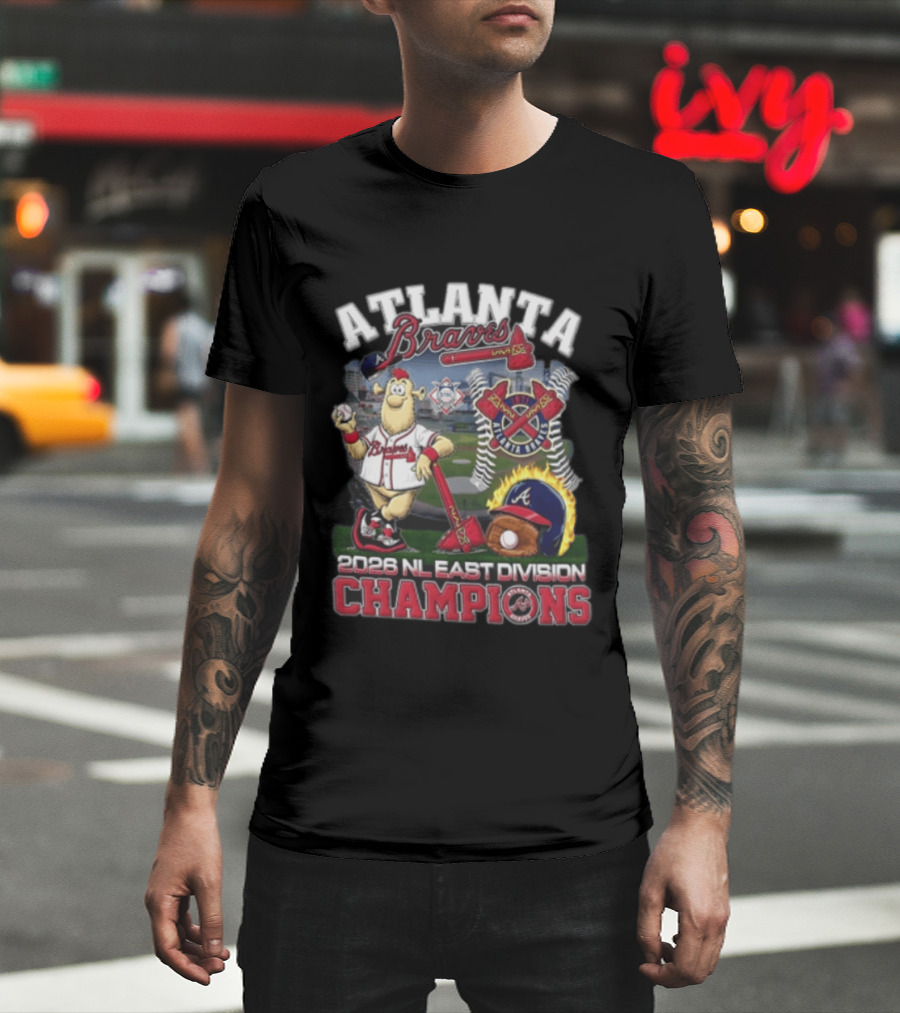 Atlanta Braves 2026 NL East Division Champions Stadium With Mascot And Baseball Bat T-Shirt