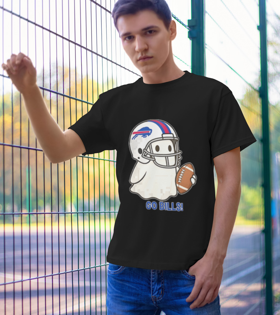 Buffalo Bills Ghost GO BILLS Football Helmet Holding Ball T-Shirt