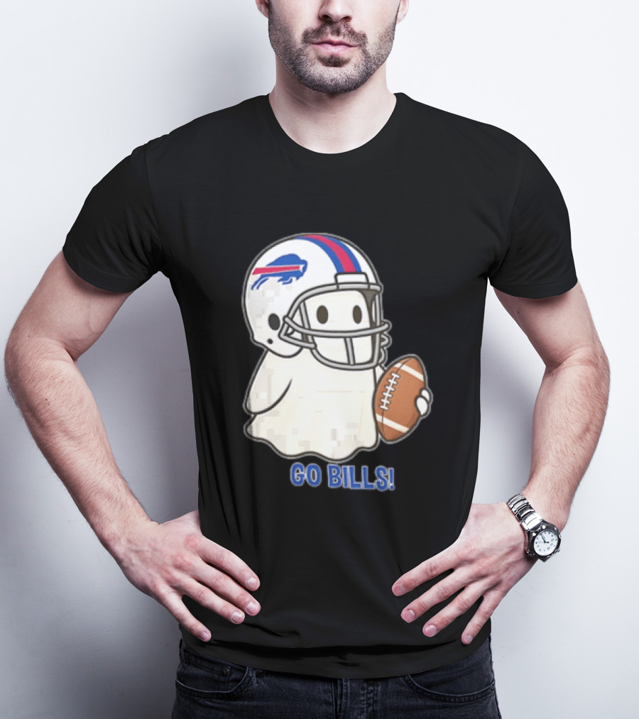 Buffalo Bills Ghost GO BILLS Football Helmet Holding Ball T-Shirt