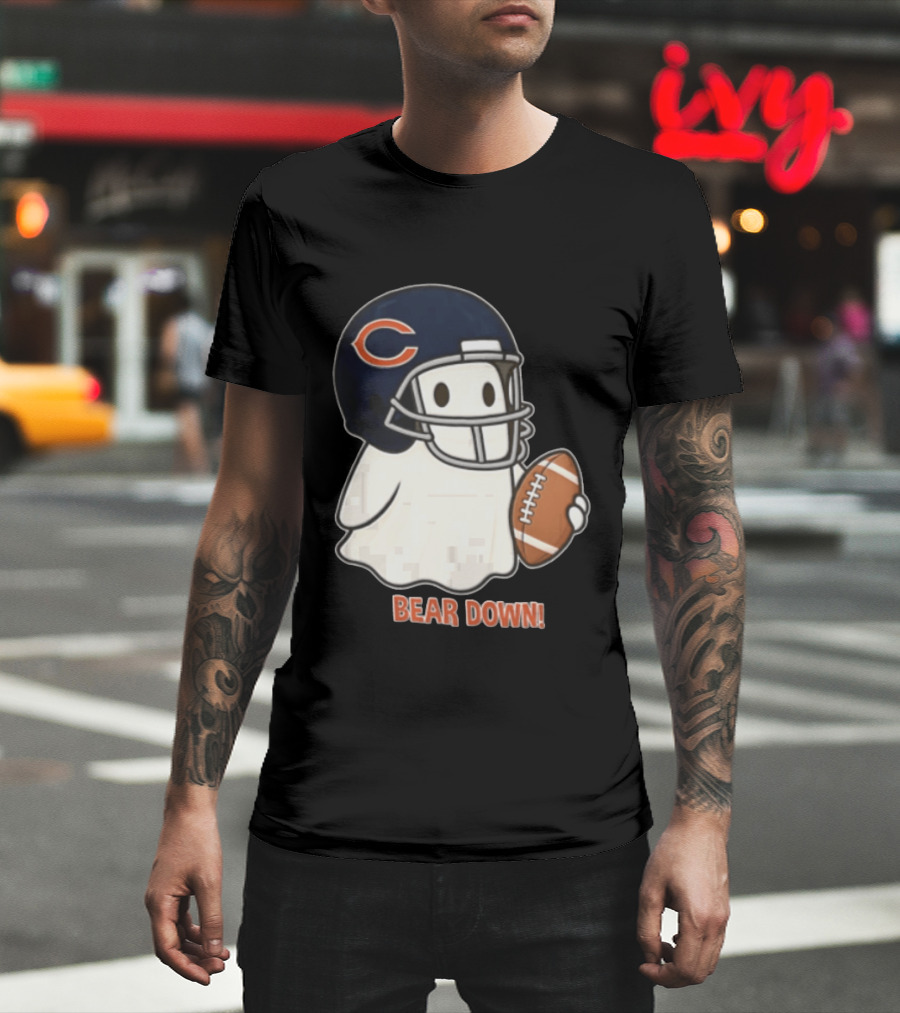 Chicago Bears Bear Down Ghost Football Helmet Holding Ball T-Shirt