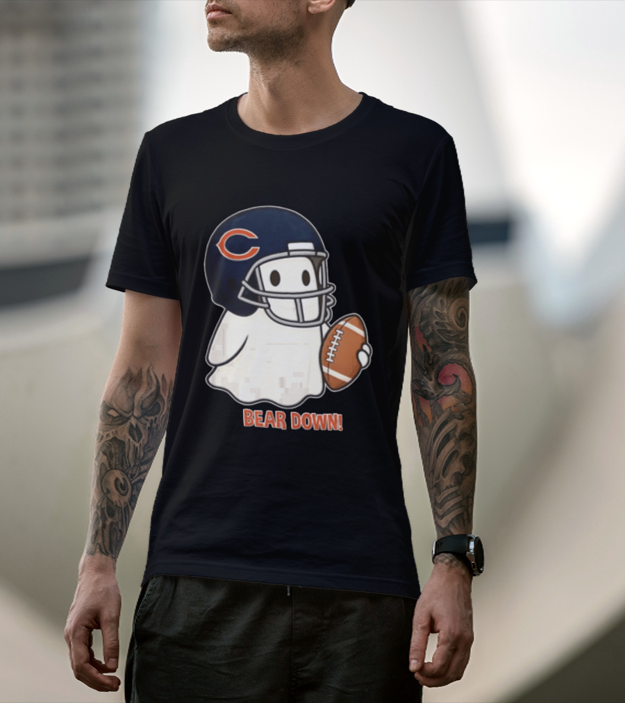 Chicago Bears Bear Down Ghost Football Helmet Holding Ball T-Shirt