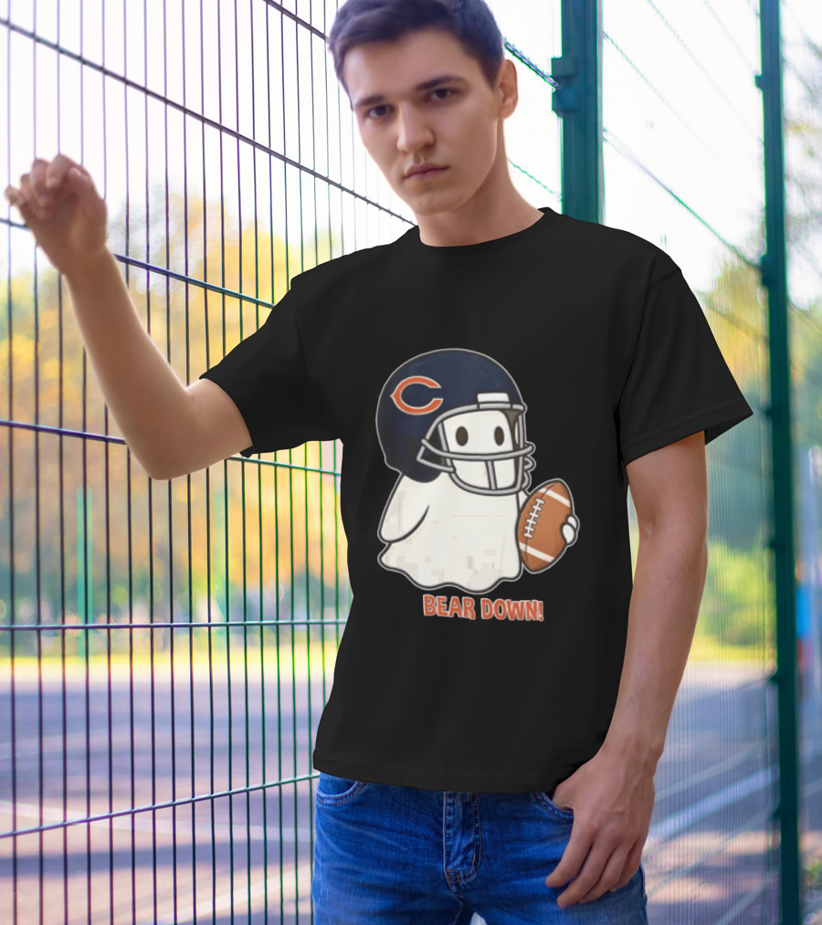Chicago Bears Bear Down Ghost Football Helmet Holding Ball T-Shirt
