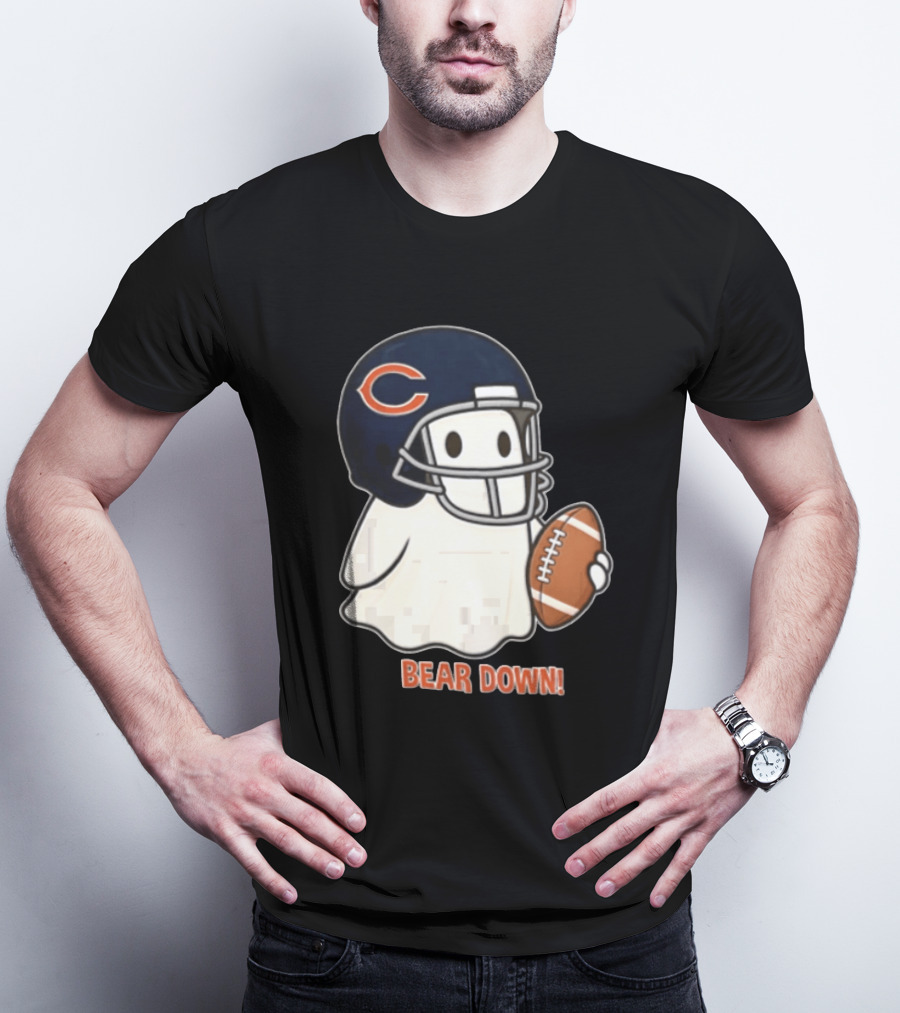 Chicago Bears Bear Down Ghost Football Helmet Holding Ball T-Shirt