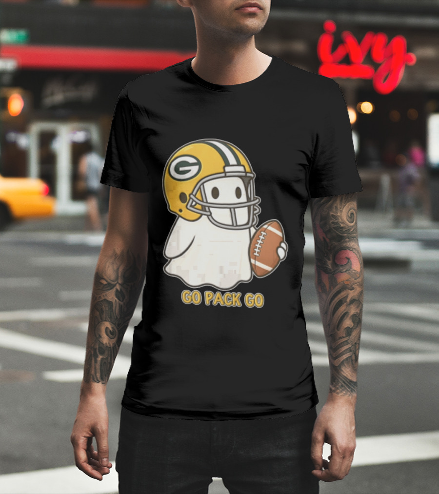 Go Pack Go Ghost With Green Bay Packers Football Helmet And Ball T-Shirt