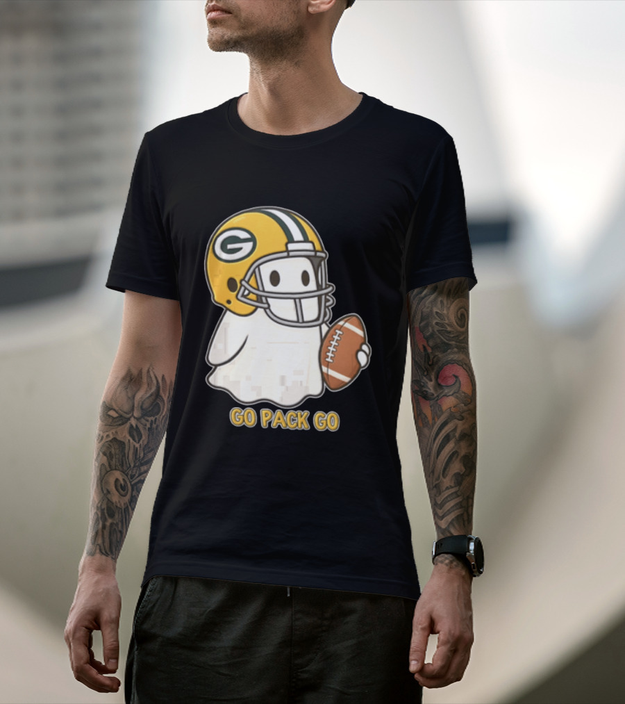 Go Pack Go Ghost With Green Bay Packers Football Helmet And Ball T-Shirt