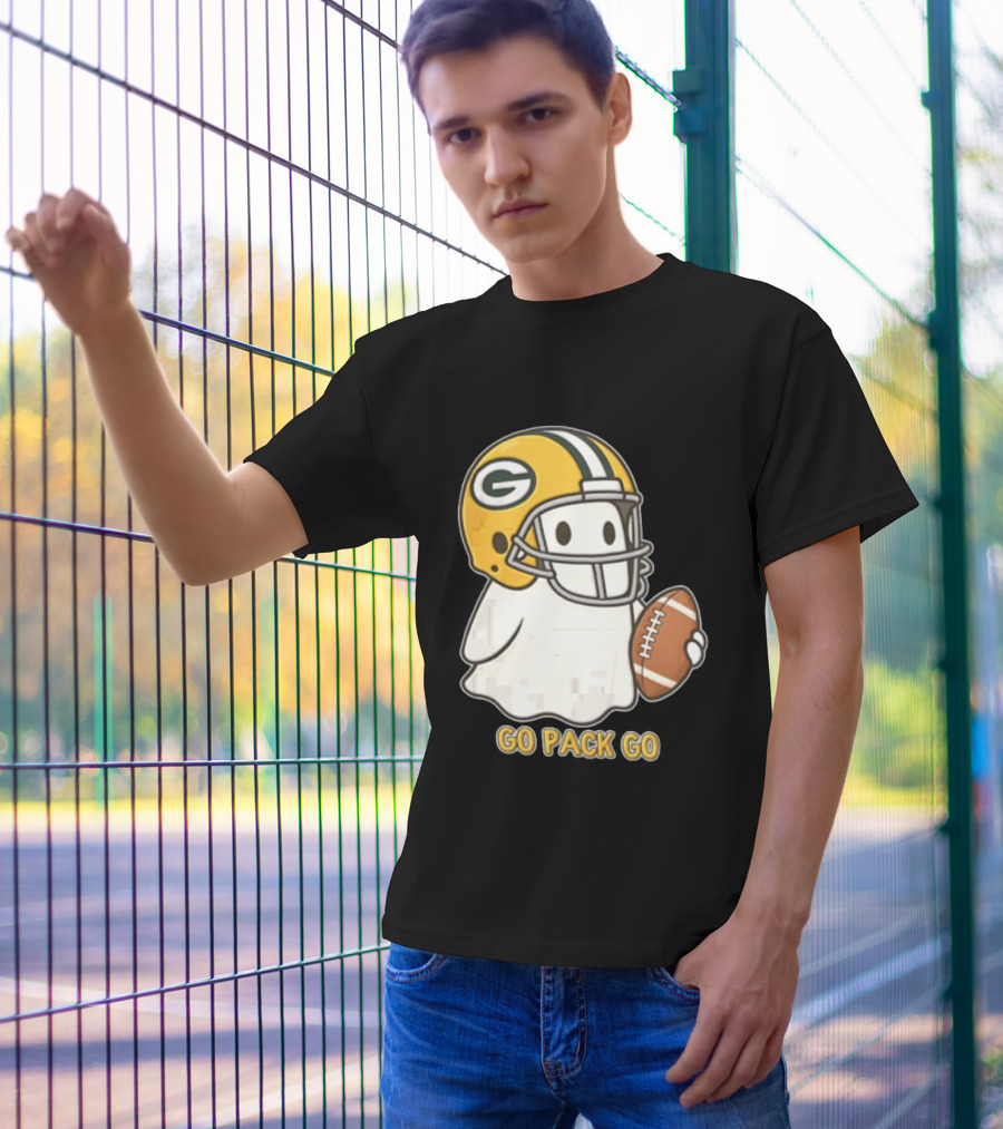 Go Pack Go Ghost With Green Bay Packers Football Helmet And Ball T-Shirt