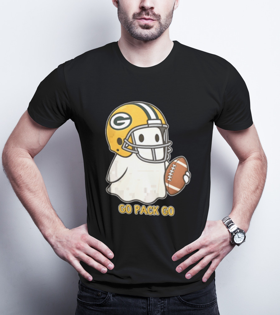 Go Pack Go Ghost With Green Bay Packers Football Helmet And Ball T-Shirt