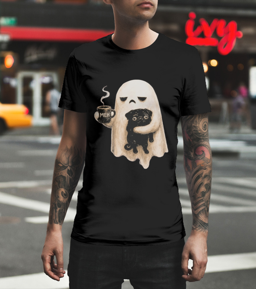 Halloween Meh Ghost Holding Black Pug Dog Lover T-Shirt