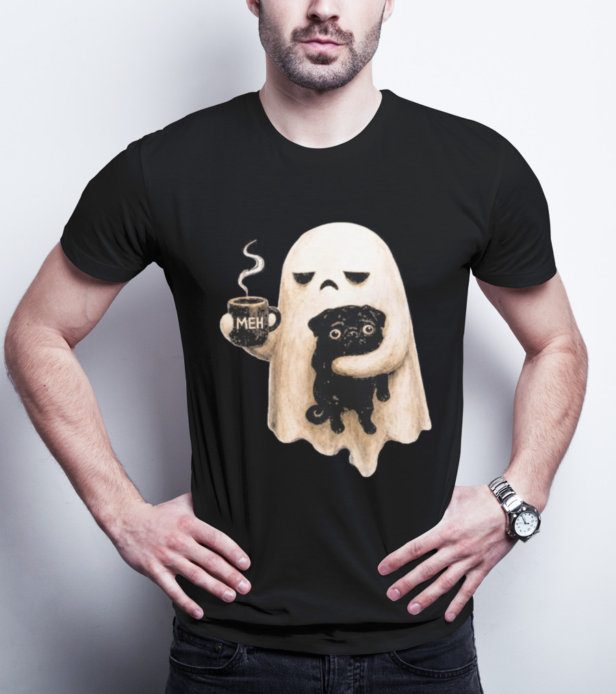 Halloween Meh Ghost Holding Black Pug Dog Lover T-Shirt