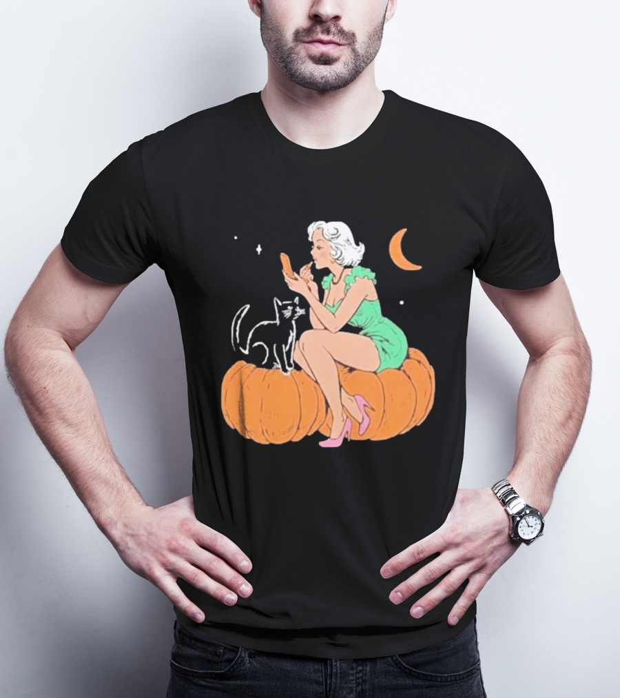Pinup Girl Applying Lipstick On Pumpkin With Black Cat Halloween Moon Scene T-Shirt