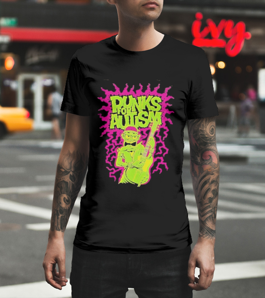 Punks For Autism Frankenstein Guitar Player Neon Rock T-Shirt